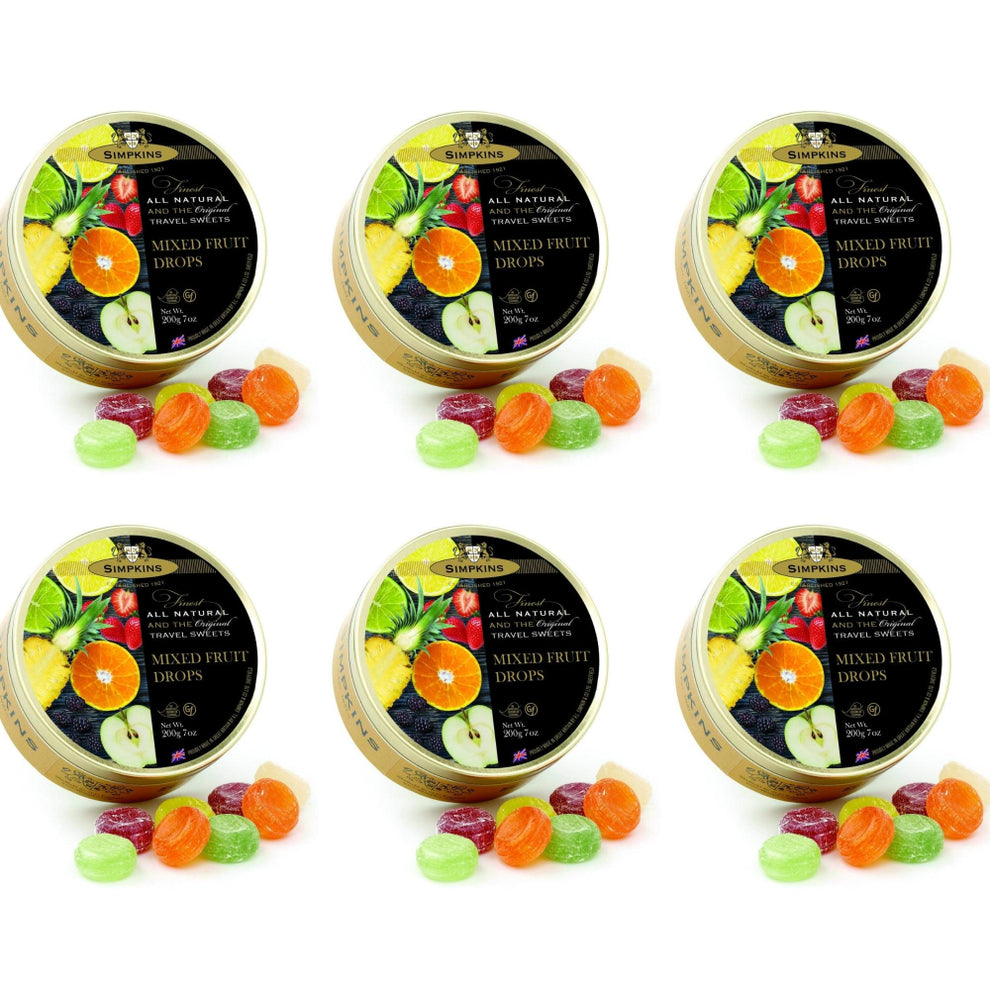 6 x Simpkins Mixed Fruit Drops 200g Tin Sweets Candy Lollies – Travel Sweets